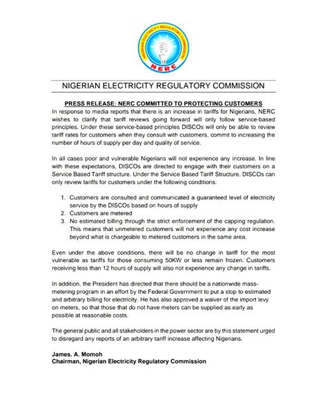Electricity Tariff Hike Must Be Service Based Nerc Declares