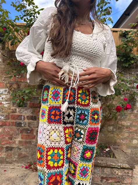 Cream Granny Square Flare Trousers With Drawstring Waist L Xl Wild