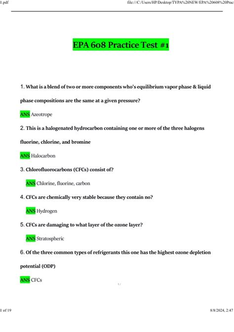 Epa 608 Practice Type 1 Test With Correct Answers 2024 Questions And Answers 2024 2025