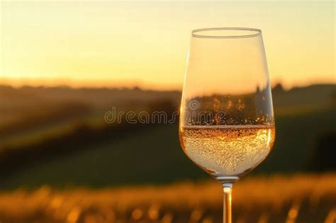 Sparkling Glass Of Wine Against A Golden Sunset Over Rolling Hills In