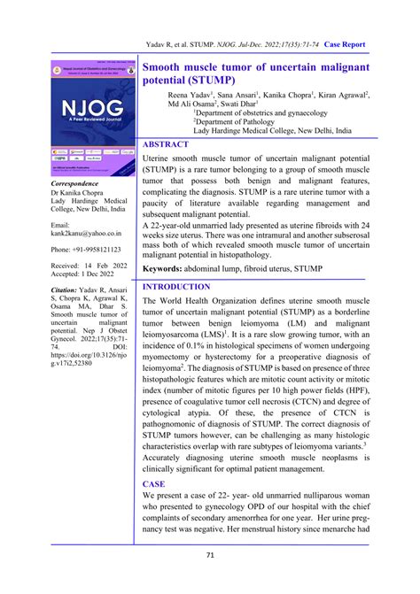 Pdf Smooth Muscle Tumor Of Uncertain Malignant Potential Stump
