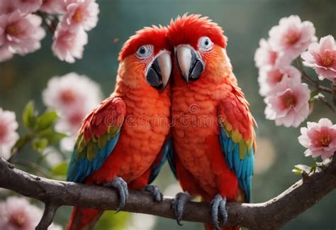 Couple Of Romantic Red Macaw Parrots On Branch Generative Ai Stock