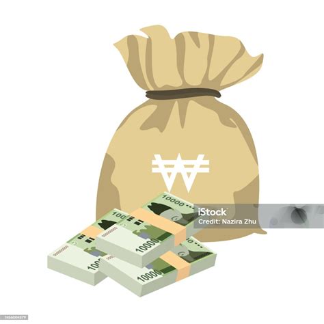한국 원 벡터 일러스트 레이 션입니다 한국 머니 세트 번들 지폐 머니 백 10000 원 플랫 스타일 흰색 배경에 격리 심플한 미니멀 디자인 0명에 대한 스톡 벡터 아트 및