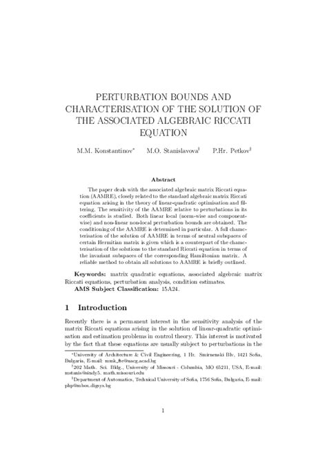 Pdf Perturbation Bounds And Characterisation Of The Solution Of The Associated Algebraic