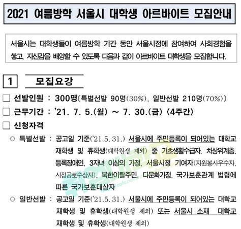 취업대학교 총 300명 대학생 아르바이트 2021년 서울시 여름방학 대학생 아르바이트 모집 안내