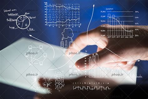 عکس کار با تبلت و نمایان شدن نمودار هایی در پس زمینه آبی عکس با کیفیت