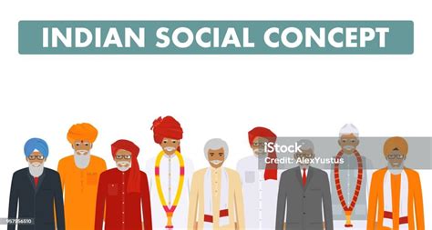 사회 개념입니다 평면 스타일에서 흰색 배경에 다른 전통적인 국가 옷에 함께 서 있는 인도 수석 사람 그룹 벡터 일러스트입니다