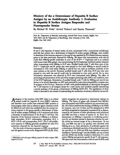 Pdf Mimicry Of The A Determinant Of Hepatitis B Surface Antigen By An