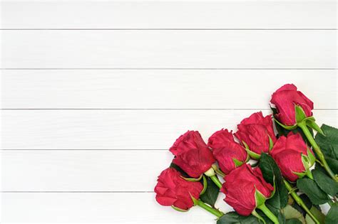 白い木製の背景に赤いバラの花束上面図空間をコピーします カラフルのストックフォトや画像を多数ご用意 カラフル グリーティングカード