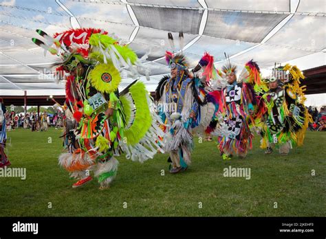 Mens Traditional Fancy Dancers In Colorful Regalia At The Shoshone