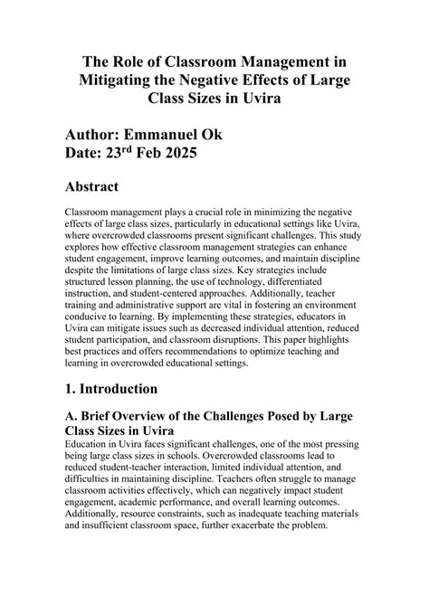 Pdf The Role Of Classroom Management In Mitigating The Negative Effects Of Large Class Sizes