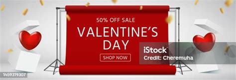 발렌타인 데이 세일 지금 쇼핑하세요 3d 현실적인 트렌디 한 디자인 하트 모양의 풍선이 있는 흰색 렌더 상자 금이 떨어지는 색종이 빨간색 배경과 스탠드가 있는 빈 사진