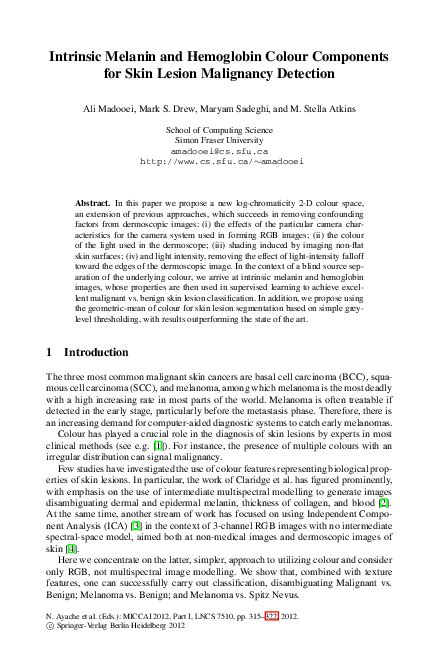 Pdf Intrinsic Melanin And Hemoglobin Colour Components For Skin