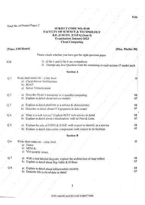 Cloud Computing Old Question Paper For Refference Computer Applications Studocu