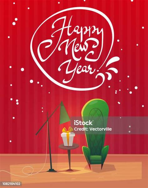 새 해의 이브에 거실의 인테리어를 축제 크리스마스 선물 상자 장식 화 환 휴일 선물 상자 테이블 램프 안락의 자 벡터 일러스트
