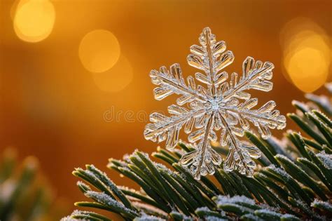 Winter Nature Scene Fragile Snowflake Resting On A Pine Needle Against