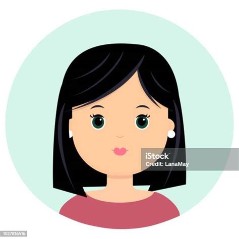 그녀의 어깨까지 검은 머리와 아름 다운 젊은 여자 현대 패션 헤어스타일 살롱 벡터 아이콘 흰색 배경에 고립의 초상화 인형에 대한