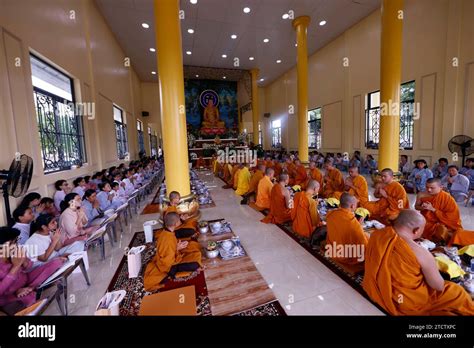 phuoc hue buddhist pagoda monks at buddhist ceremony in the main hall