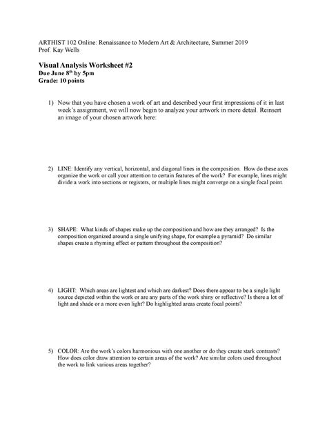 Visual Analysis Worksheet 2 Arthist 102 Online Renaissance To Modern Art And Architecture