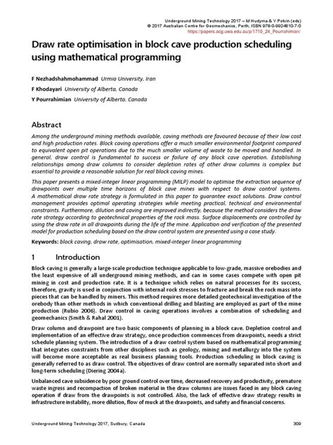 Draw Rate Optimisation In Block Cave Production Scheduling Using Mathematical Programming Pdf
