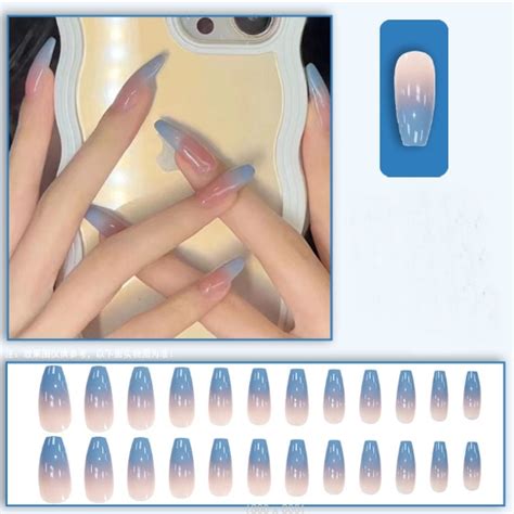 Jual Kuku Palsu Isi 24 Pcs Gradasi Biru Muda Lentik Panjang Dus Lem