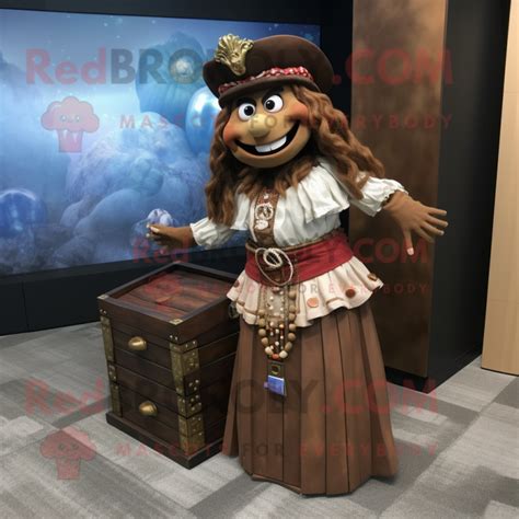 Brown Treasure Chest Mascot Costume Character Dressed With A Skirt And