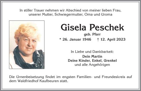 Traueranzeigen Von Gisela Peschek Augsburger Allgemeine Zeitung