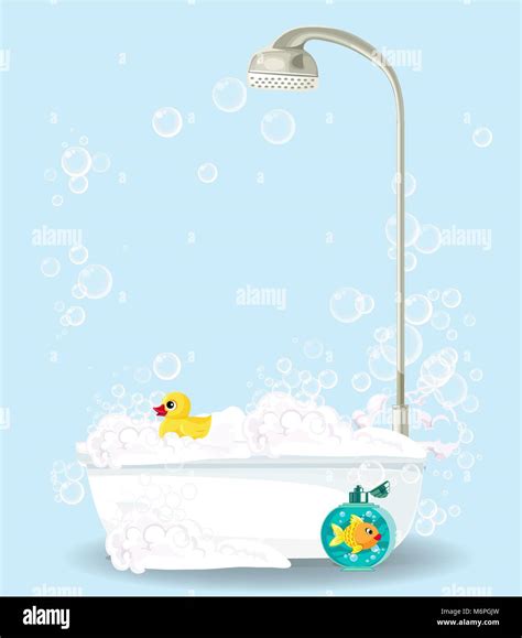 Cute Cartoon Illustration Of Bathtub Full Of Foam Soap Bubbles Bottle