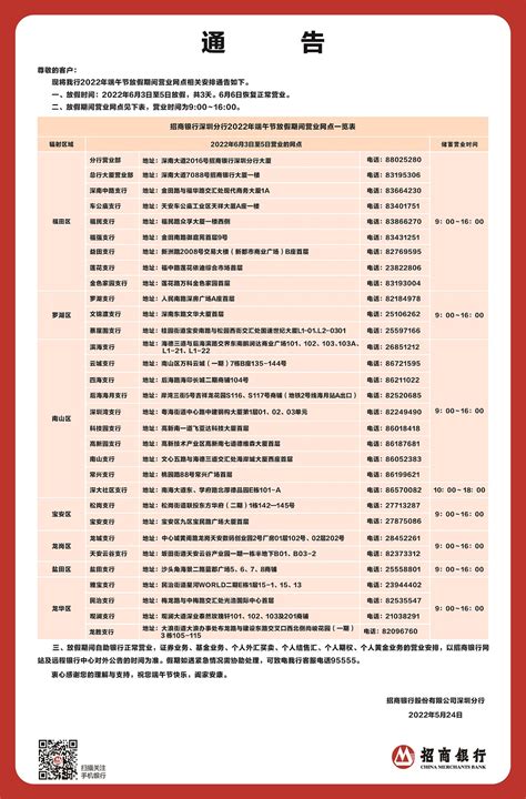 招商银行 分行公告 【通告】招商银行深圳分行2022年端午节放假期间营业网点一览表