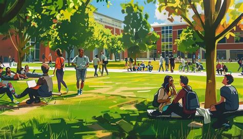 University Campus Scene With Students Gathered In Small Groups Engaging