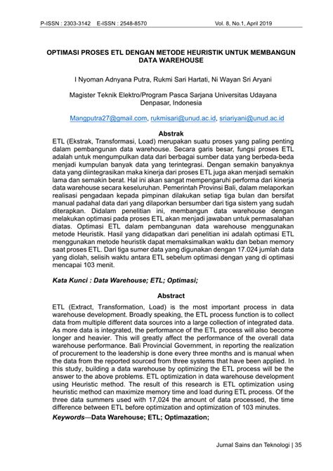 Pdf Optimasi Proses Etl Dengan Metode Heuristik Untuk Membangun Data Warehouse