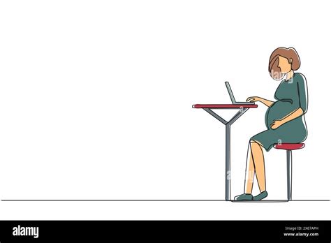 Continuous One Line Drawing Pregnant Woman Sitting In Cafe And Using
