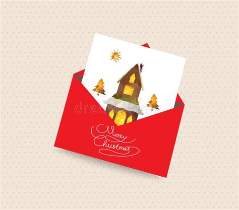 De Vrolijke Kaart Van De Kerstmisgroet Met Envelophuis En Boom Vector