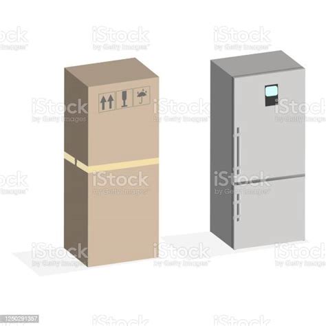 냉동고와 포장 상자 운송을위한 기호가있는 골판지가있는 현대적인 냉장고 흰색 배경에 격리된 3d 일러스트레이션입니다 웹 사이트