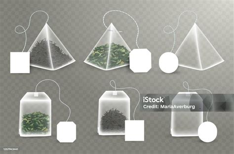 金字塔和矩形形狀茶包集使用空方形矩形標籤進行類比綠茶和紅茶3d 逼真的茶包範本向量插圖向量圖形及更多一組物體圖片 一組物體 乾茶葉