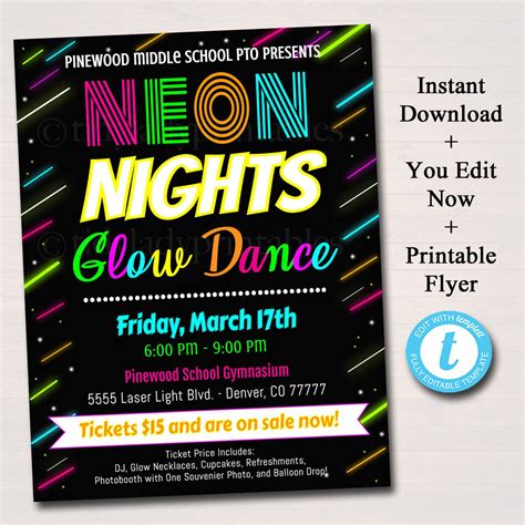 Glow Dance Set School Dance Flyer Party Invite Church Community Event