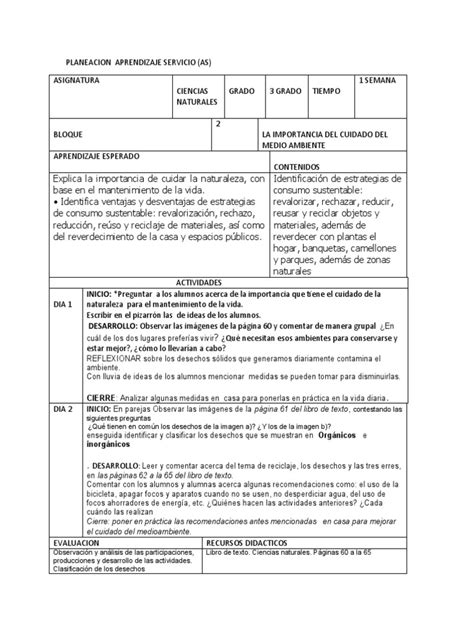 Planeacion Aprendizaje Servicio Pdf Residuos Reciclaje