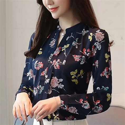 2018 Womens Tops And Blouses Autumn Fashion V Neck Chiffon Blouses Slim