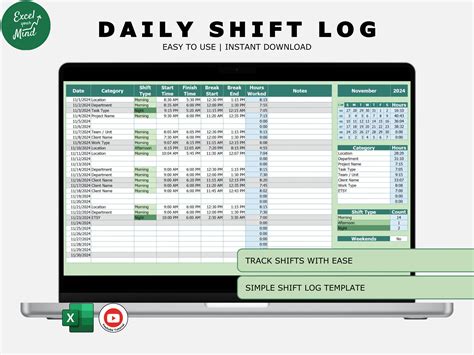 Daily Shift Log Template Track Work Hours And Breaks Shift Category