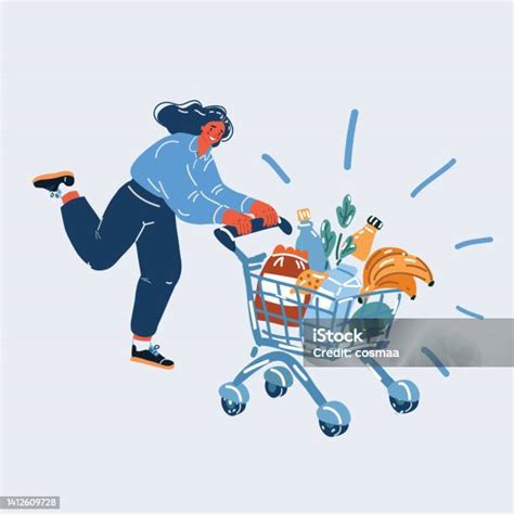 식료품 음식으로 가득 찬 장바구니를 밀고 달리는 젊은 여성의 전체 길이 초상화의 벡터 일러스트 레이 션 가방에 대한 스톡 벡터 아트 및 기타 이미지 Istock
