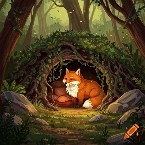 A Stylized Illustration Of A Red Fox Inside A Cozy Den Covered In Vines