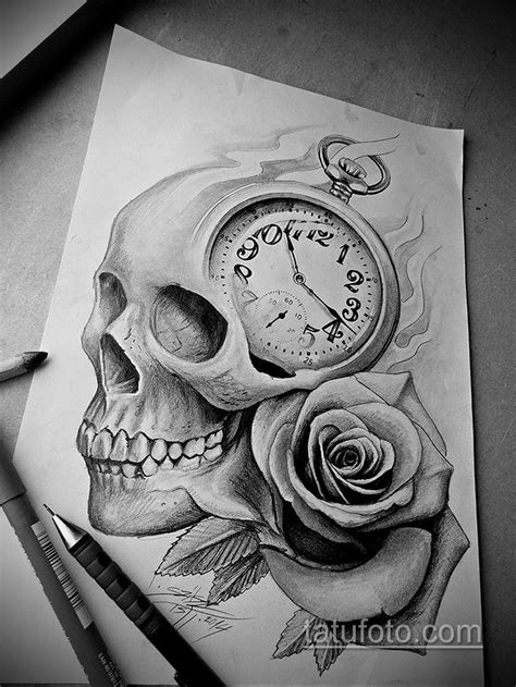 тату череп с часами эскизы 17092019 №001 Skull Tattoo With Clock