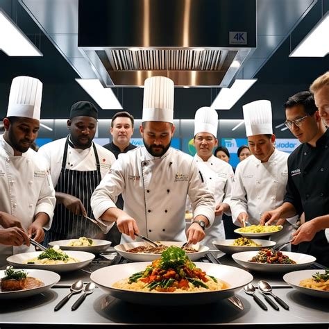 A Group Of Chefs Are Preparing Food In A Kitchen Premium Ai Generated