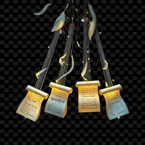 Decorative String Tiny Magic Scrolls And Glowing Feathers Neon Writing Appears On The Scrolls