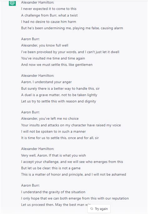 I Asked Chatgpt To Generate The Dialogue Between Burr And Hamilton In The Moments Before The