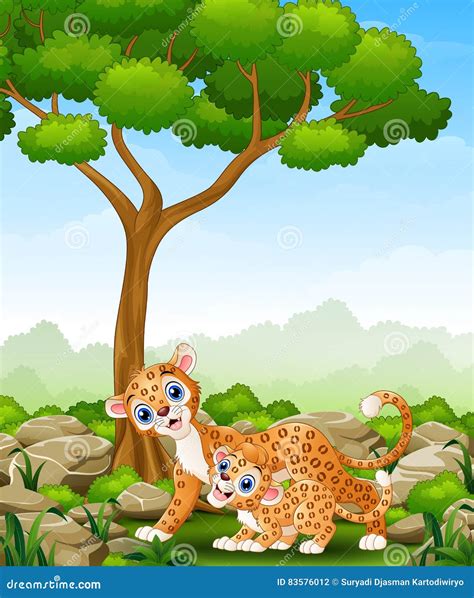 Cartoon Mother Leopard And Cub Leopard In The Jungle Stock Vector