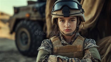 Young Central Asian Female Soldier In Military Gear Posing In Front Of