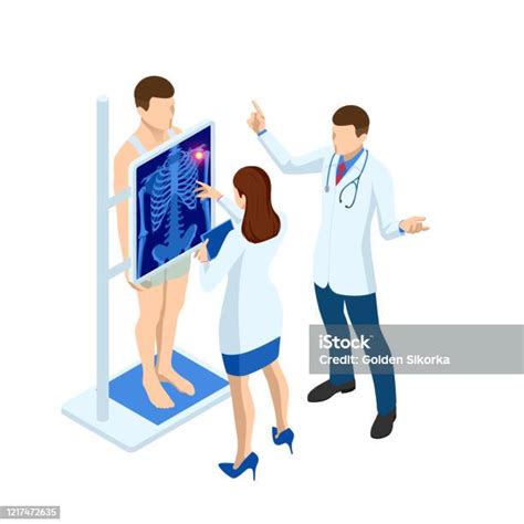 인체 를 스캔하기위한 아이소메트릭 X 선 기계 환자의 흉부 엑스레이 필름을 검사하는 의사 검사 가슴 뼈의 로엔겐 수술에 대한