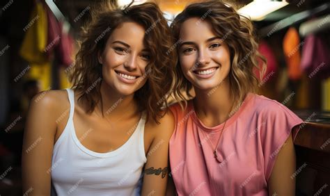 Premium Ai Image Two Girls Pose For A Photo In A Bar With The Words
