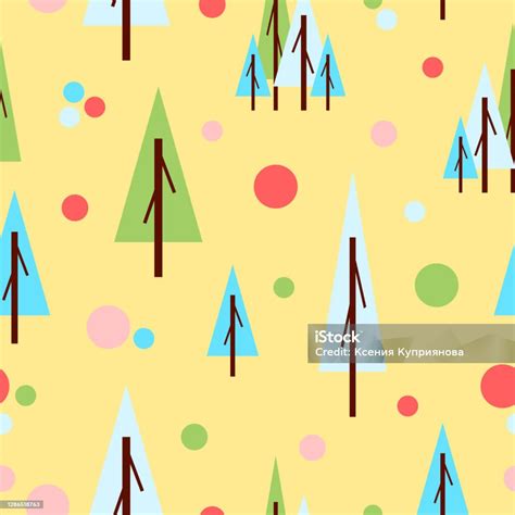 녹색 전나무 나무와 원과 원활한 패턴 노란색 배경입니다 플랫 스타일 휴일 장식 새해 복 많이 받으세요 즐거운 성탄절 엽서 벽지 직물 스크랩북 및 포장지 노랑에 대한 스톡